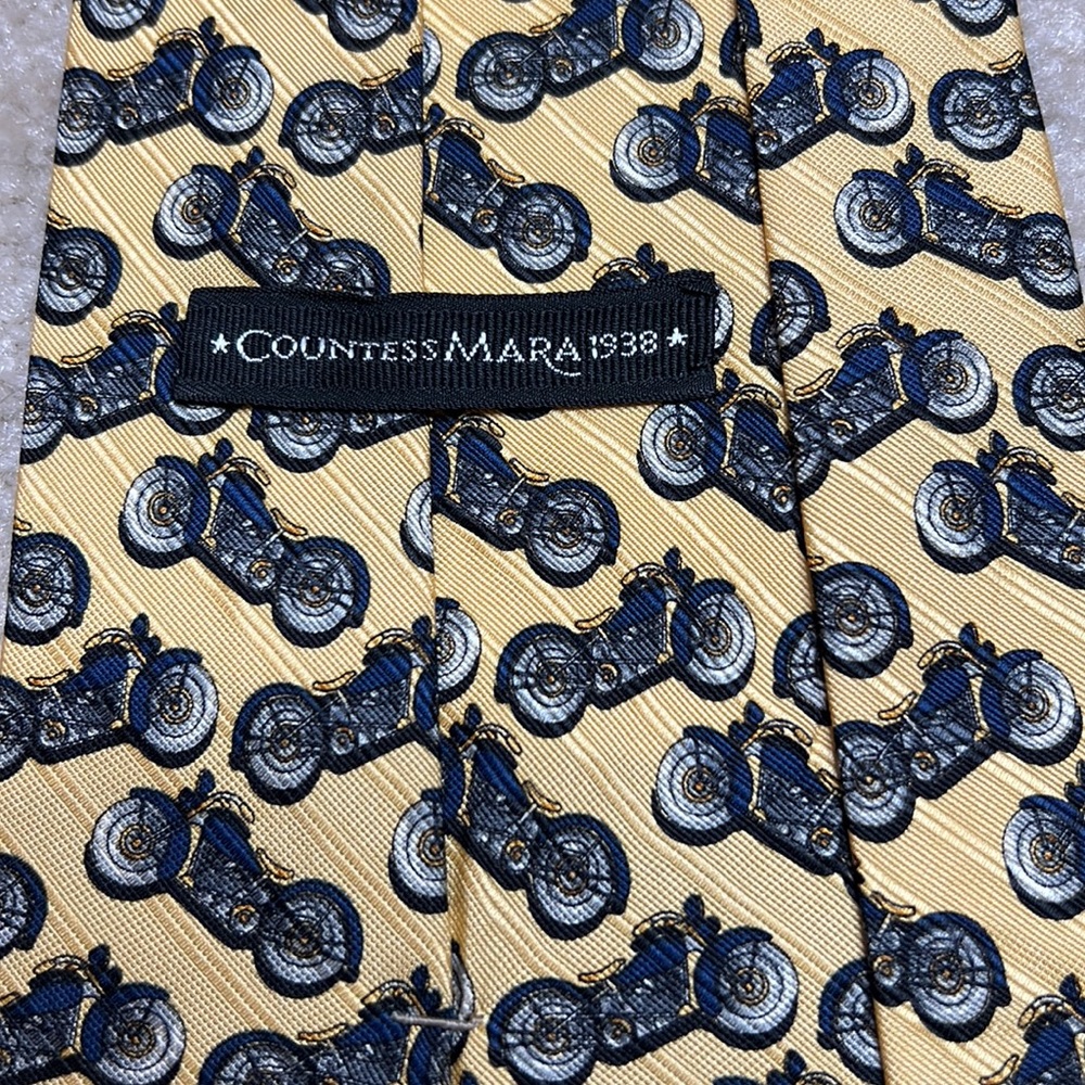 Countess Mara 1938 Silk Tie Motorcycle Print On Yellow - Gem